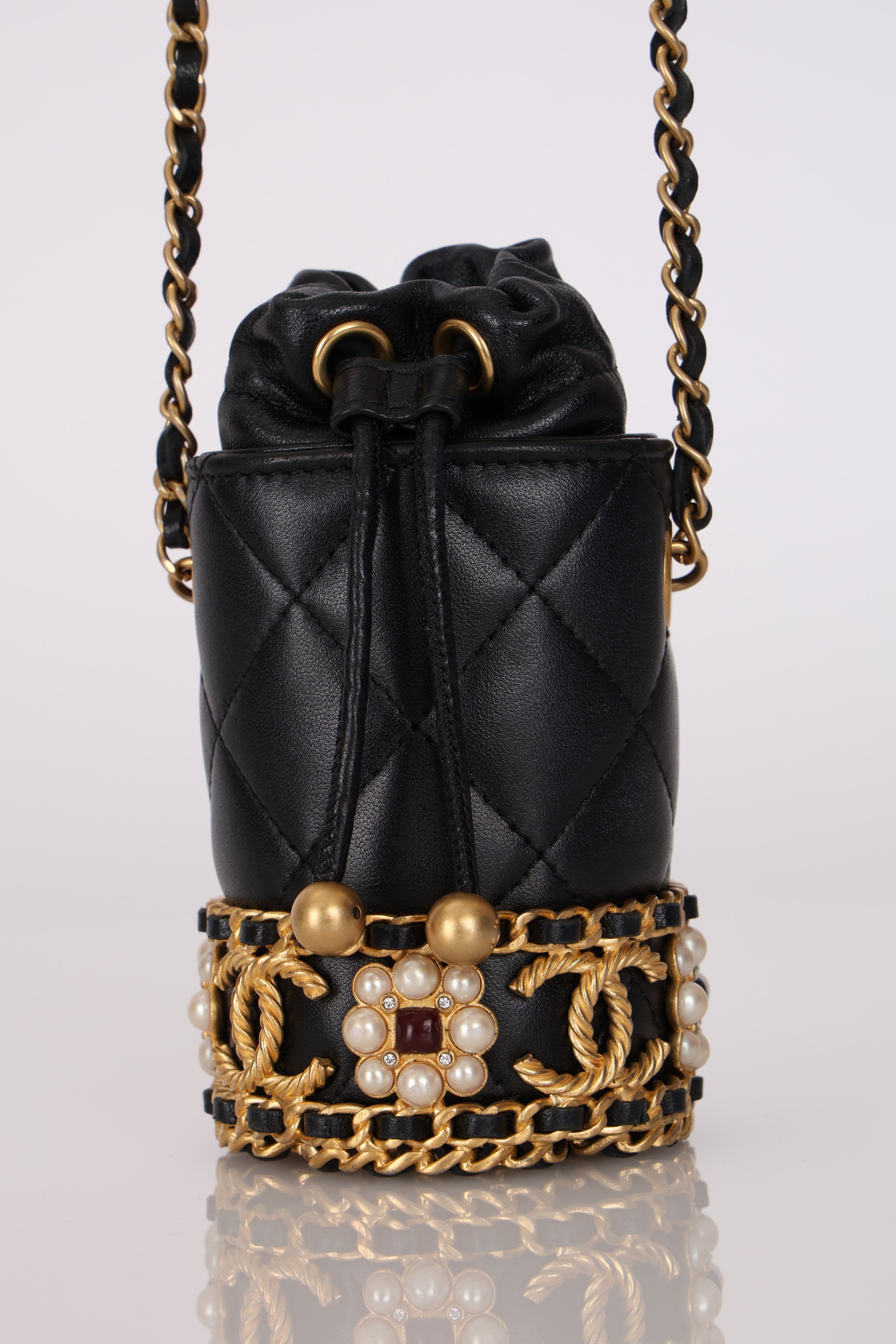 Ultra-Rare Chanel 2021 Drawstring Pearl Gripoix Flower Mini Bucket Bag ...