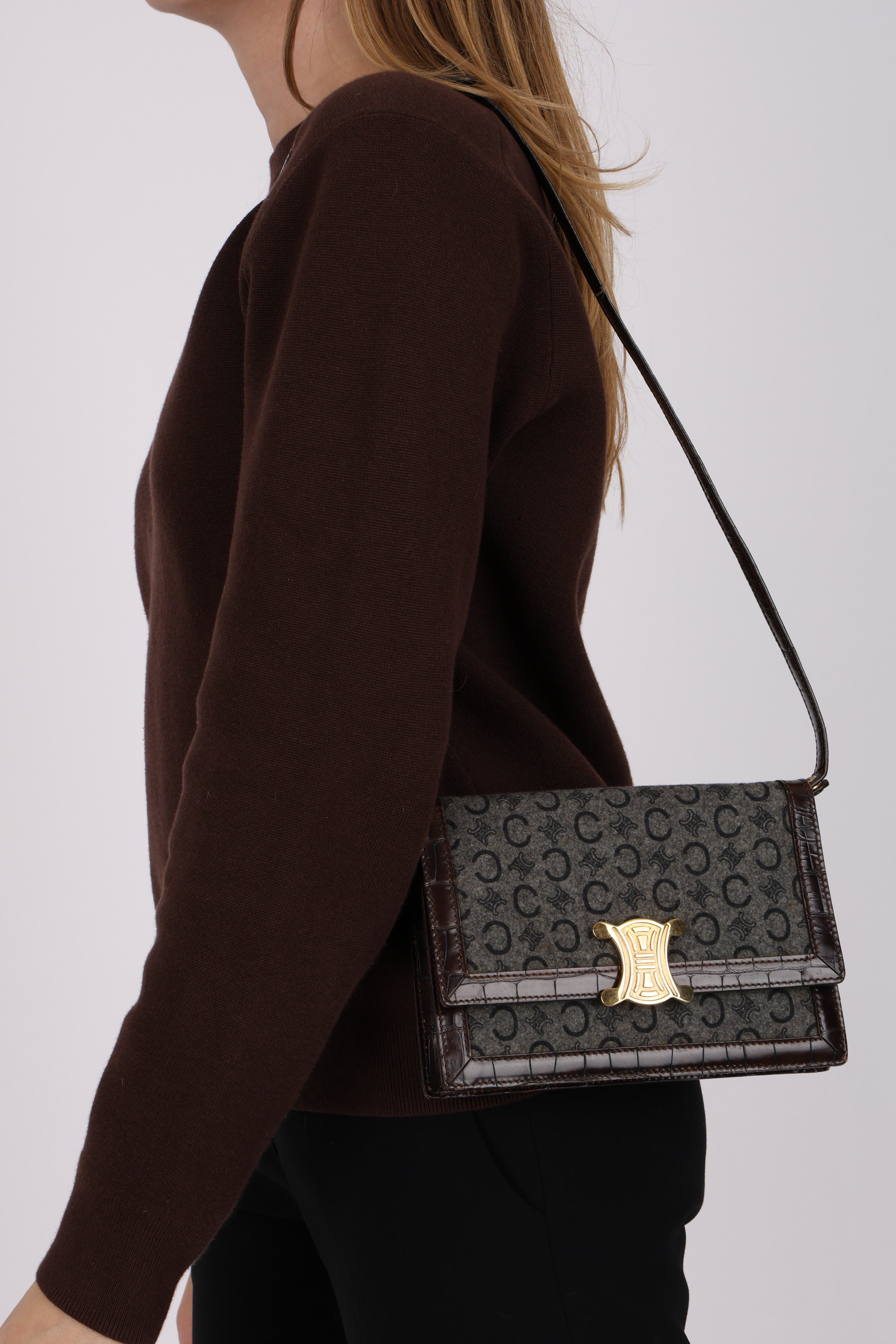 Celine Croc Embossed Macadam Wool Shoulder Bag – FashioNica