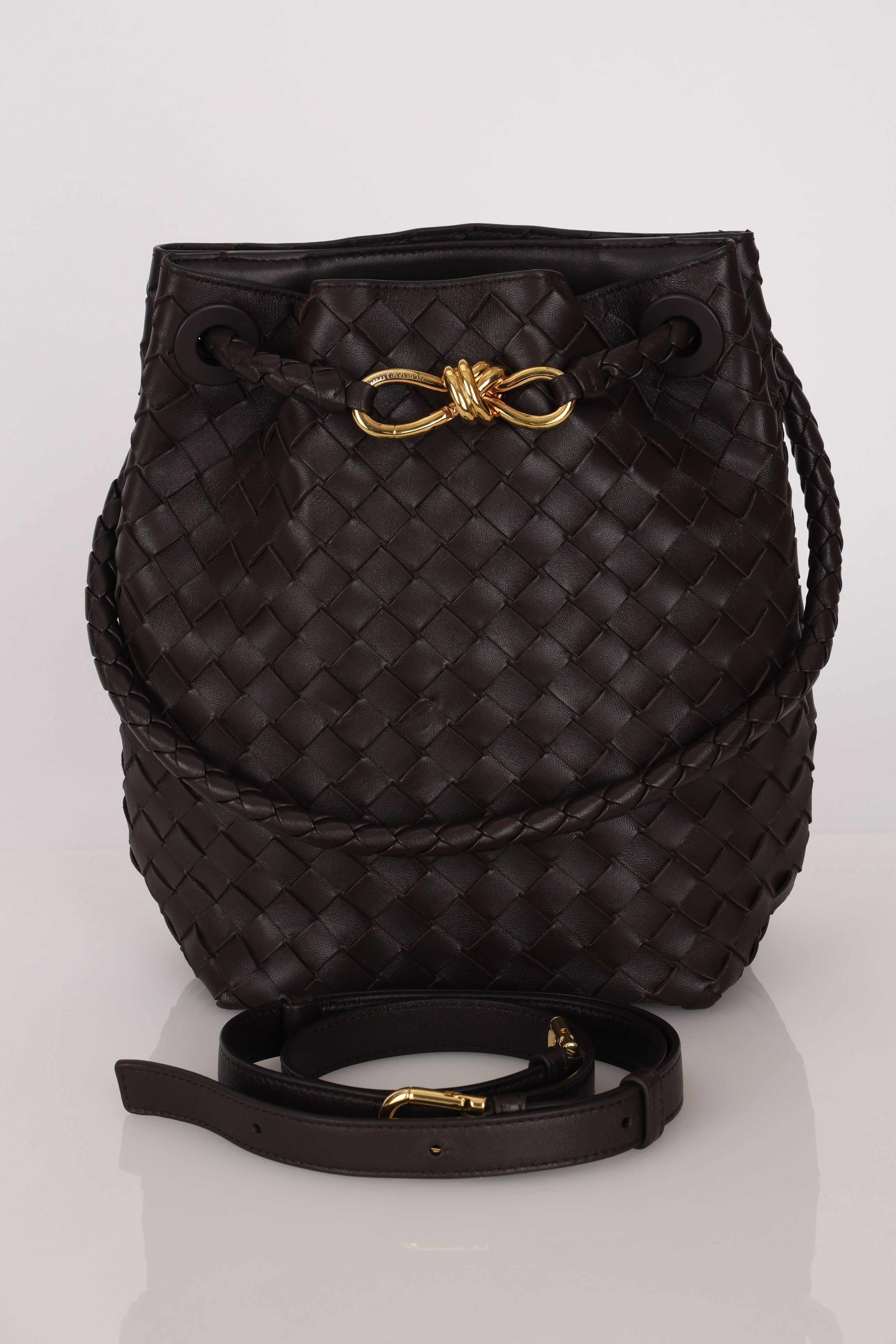 Bottega Veneta Small Intrecciato Andiamo Bucket Bag Fondant – FashioNica