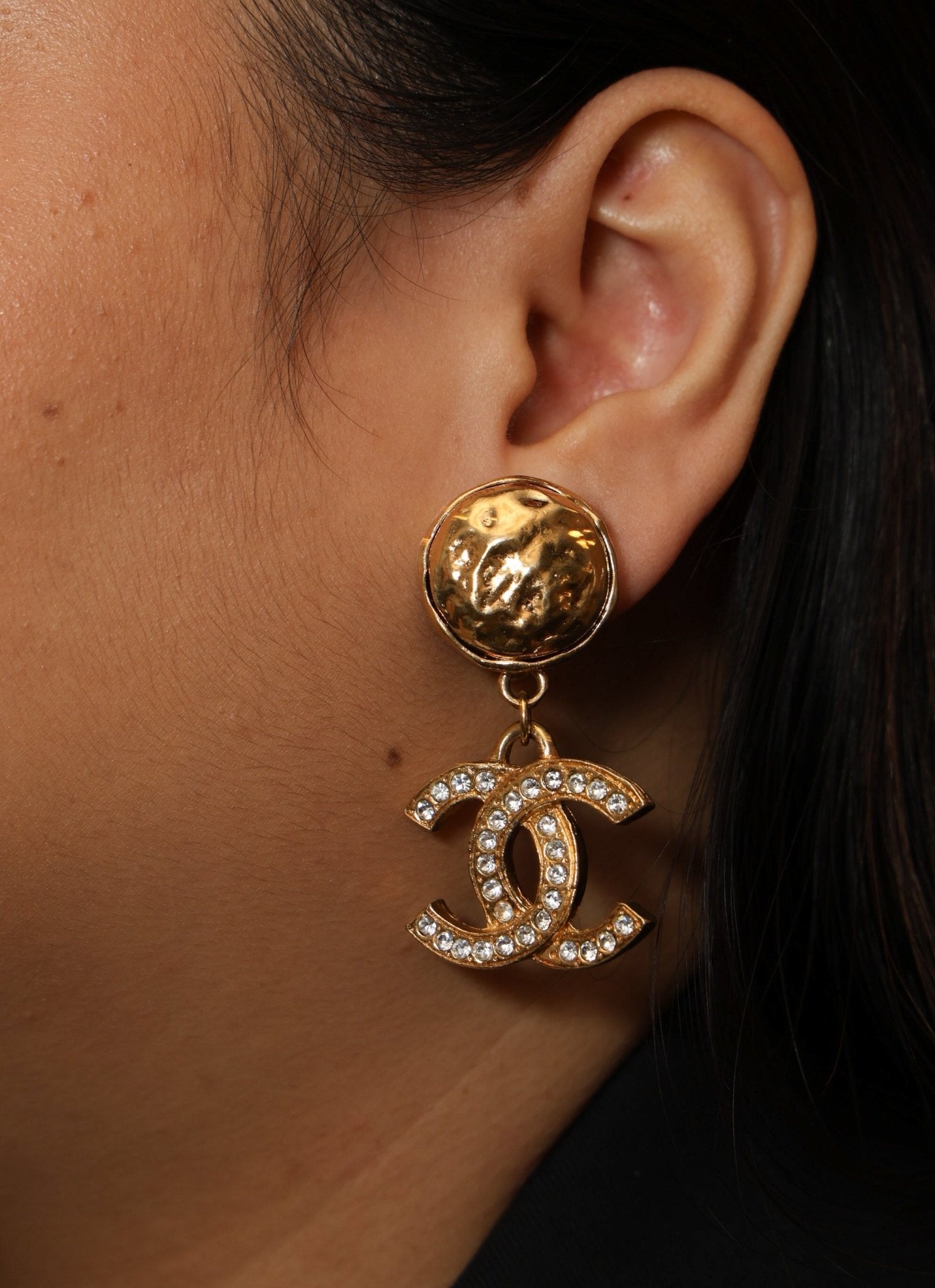 Chanel 70s-80s Crystal Embellished CC Hammered Drop Earrings 24KGP ...